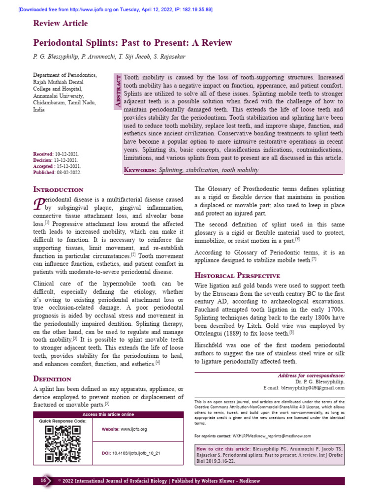 Periodontal Splinting: Concepts & Classifications | PDF ...