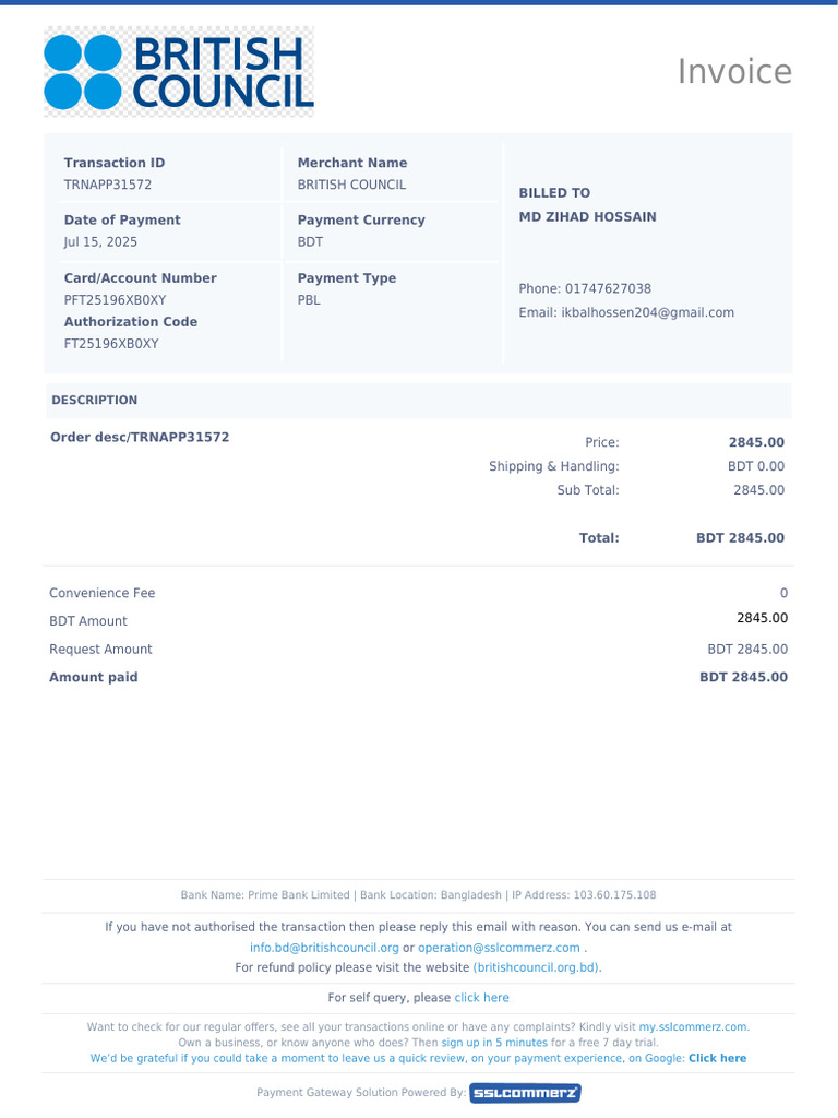 Prime Bank Transaction Details for Payment | PDF | Service Industries ...