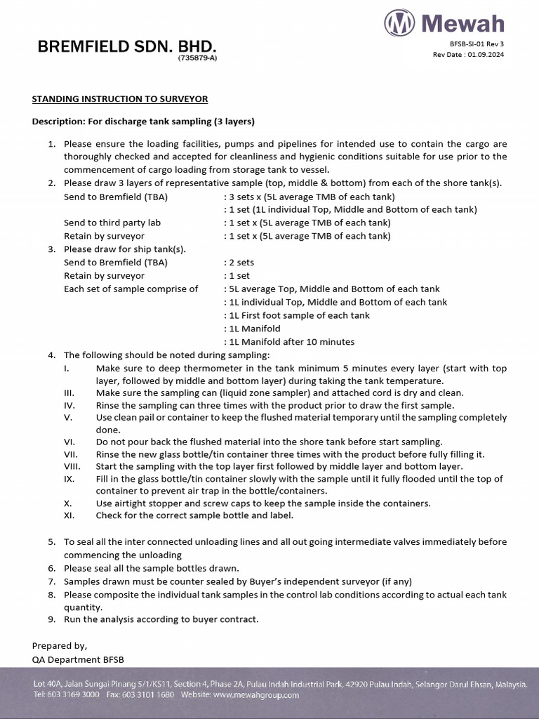 BFSB-SI-01 Standing Instruction To Surveyor For Shore Tank Sampling (3 ...