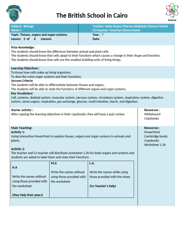 Tissues and Organ Systems Lesson Plan (Week 4) | PDF | Tissue (Biology ...