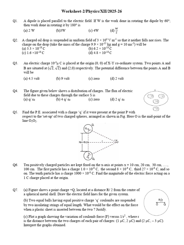 Class 12 PHY Worksheet 2 | PDF | Electric Field | Force