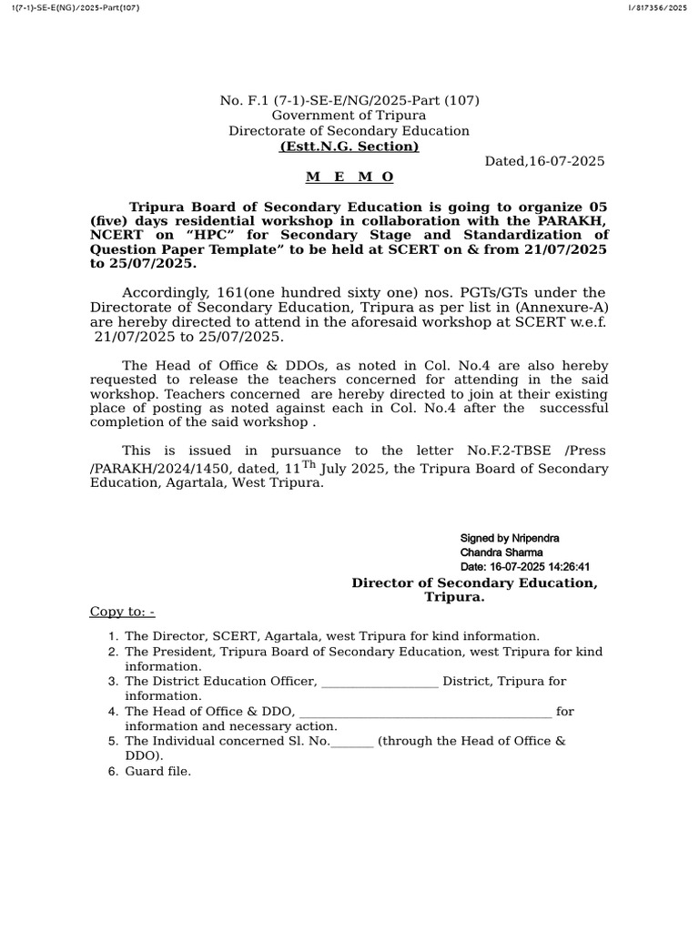 05 (Five) Days' Residential Workshop in Collaboration With The PARAKH ...