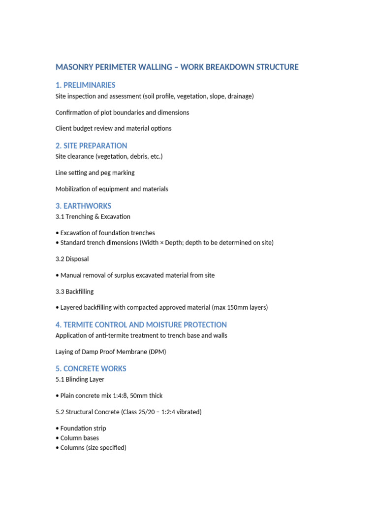 WBS Masonry Perimeter Wall | PDF