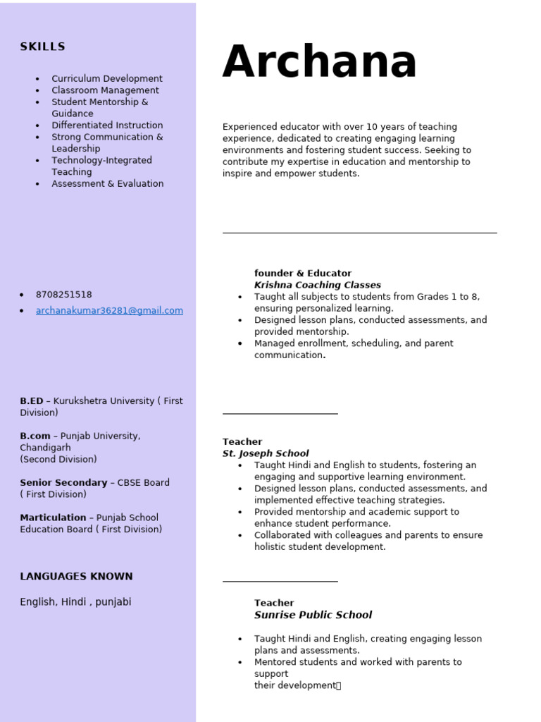 Archana Resume | PDF | Mentorship | Teachers