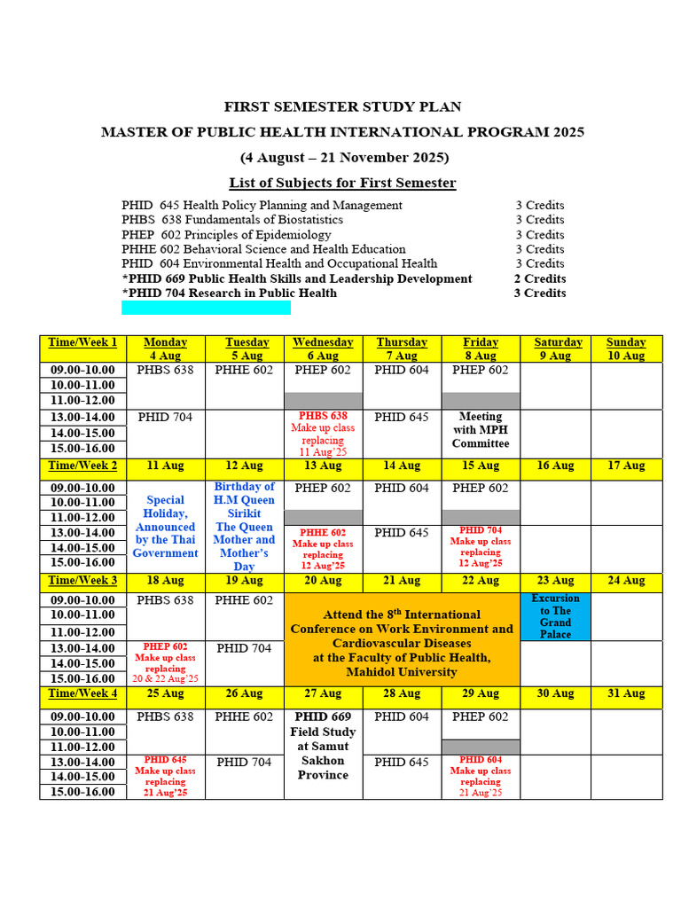 Study Plan Semester 1 - 2025 - KI - Updated 5JULY2025 (MPH Int'l 2025 ...