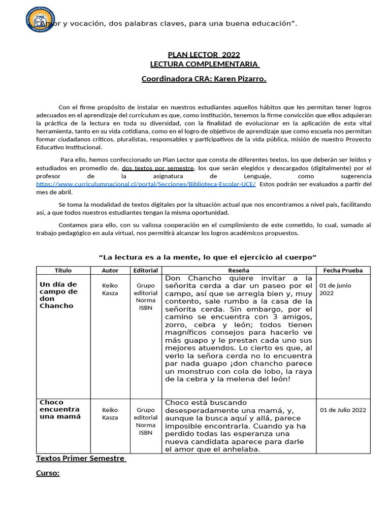 Formato Plan Lector (1º Basicos) | PDF | Plan de estudios | Enseñando