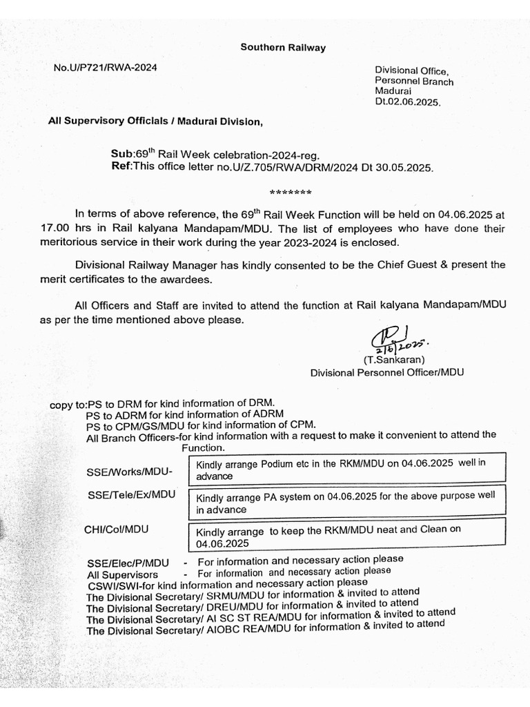 69th Railway Week Function On 04.06.2025 | PDF