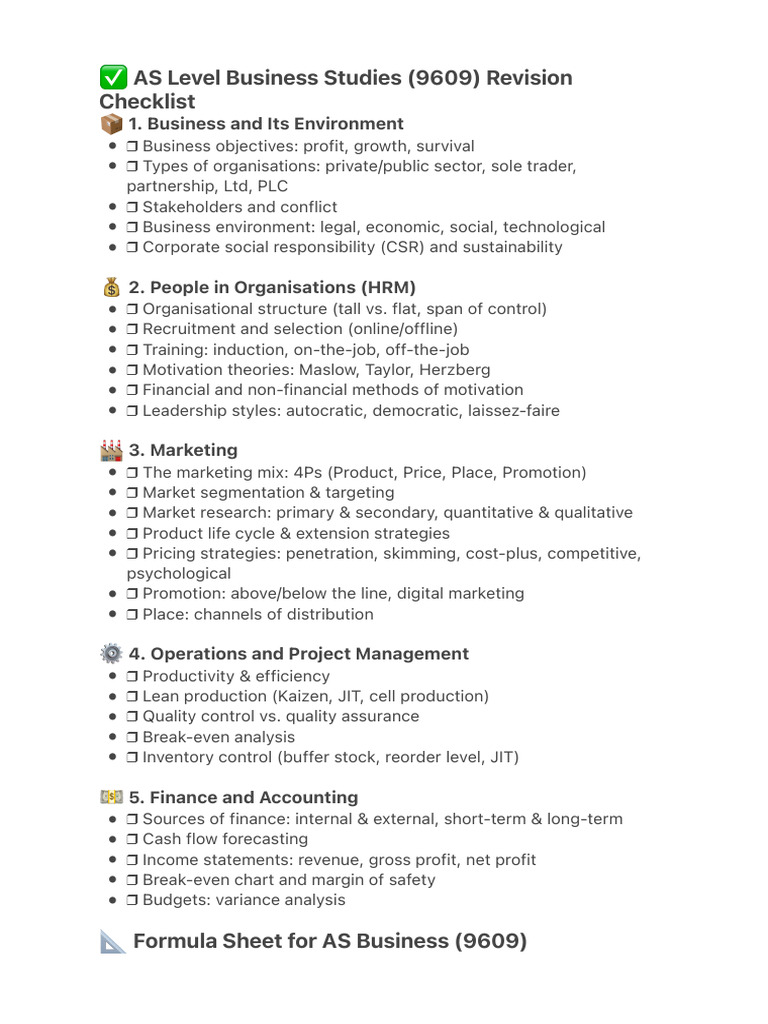 AS Level Business Studies (9609) Revision Checklist | PDF | Business ...
