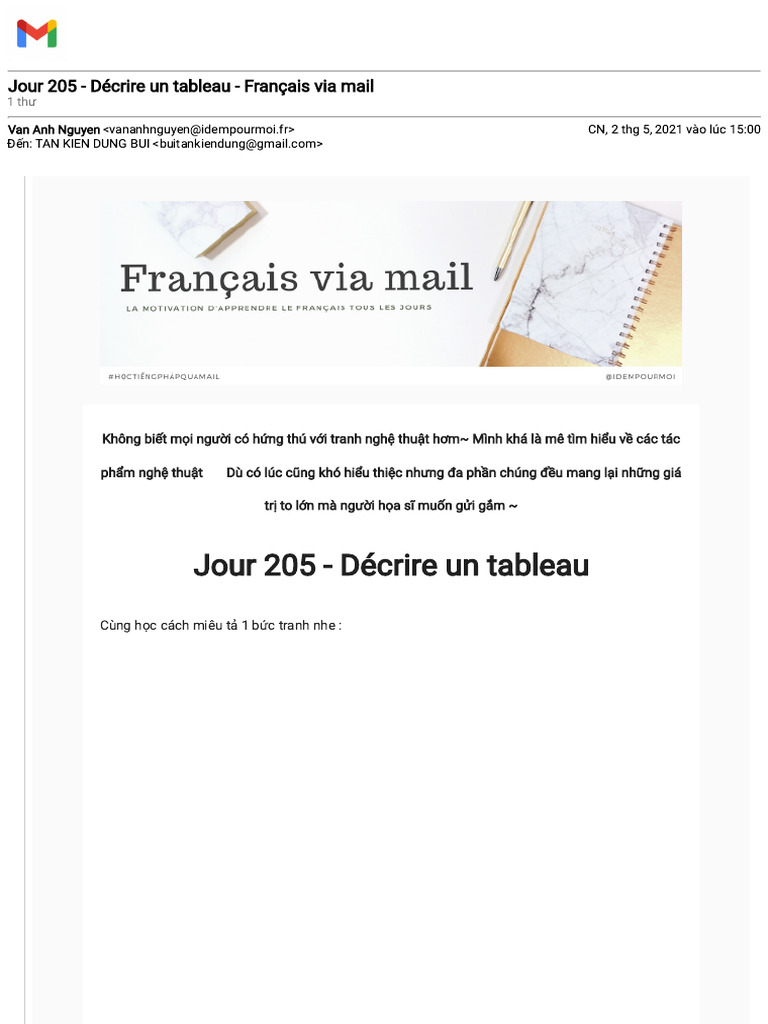 Gmail - Jour 205 - Décrire Un Tableau - Français Via Mail | PDF