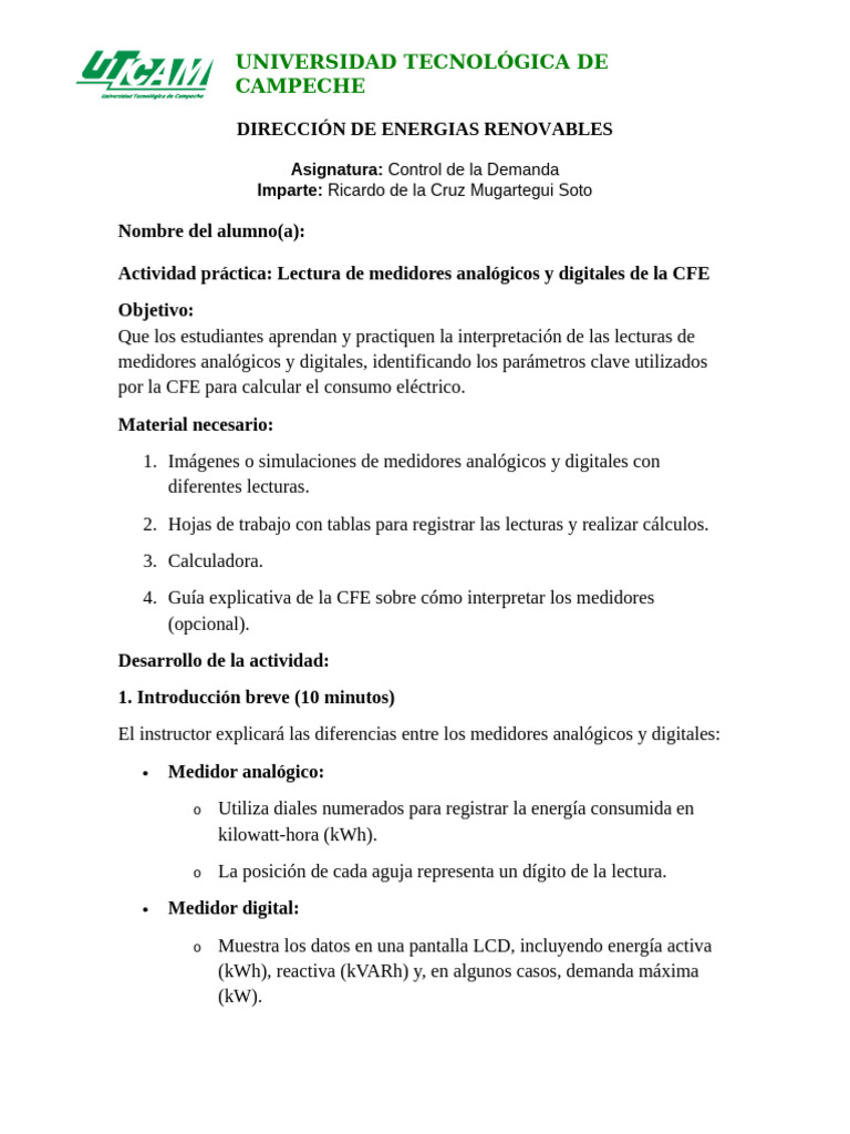 Actividad Lectura de Medidores Analógicos y Digitales de La CFE | PDF