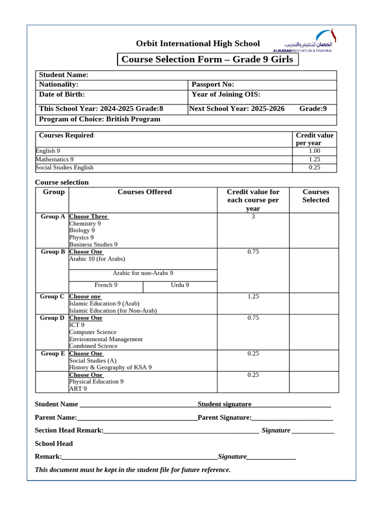 9 British 2025 Course Selection NNN | PDF | Science