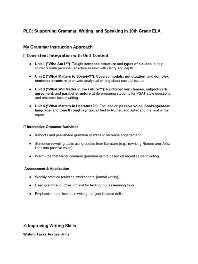 PLC - Supporting Grammar, Writing, and Speaking in 10th Grade ELA | PDF ...