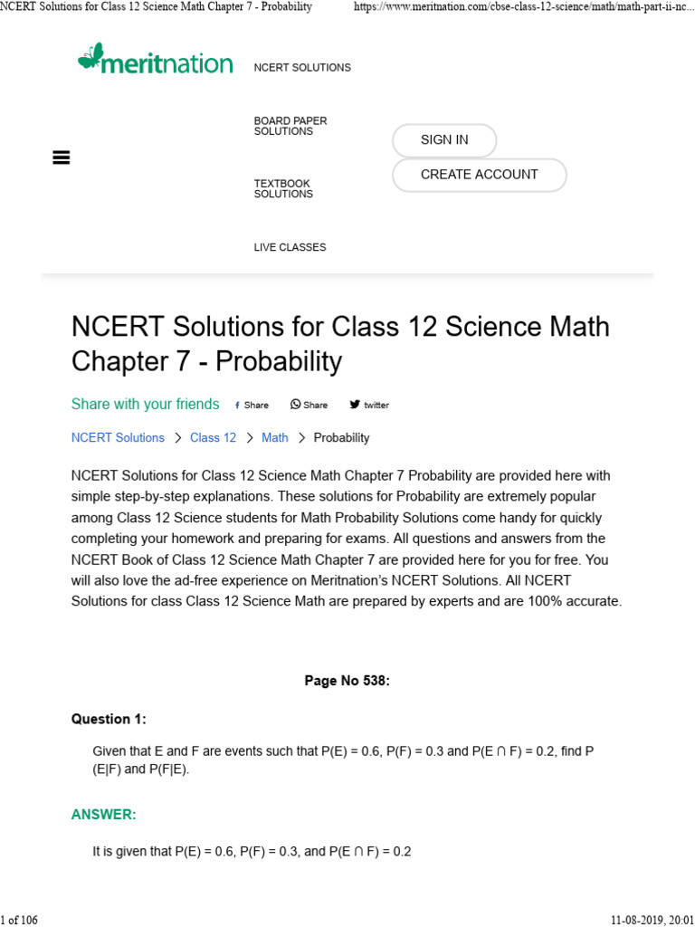 Class 12 Math Probability Solutions | PDF | Probability Theory ...
