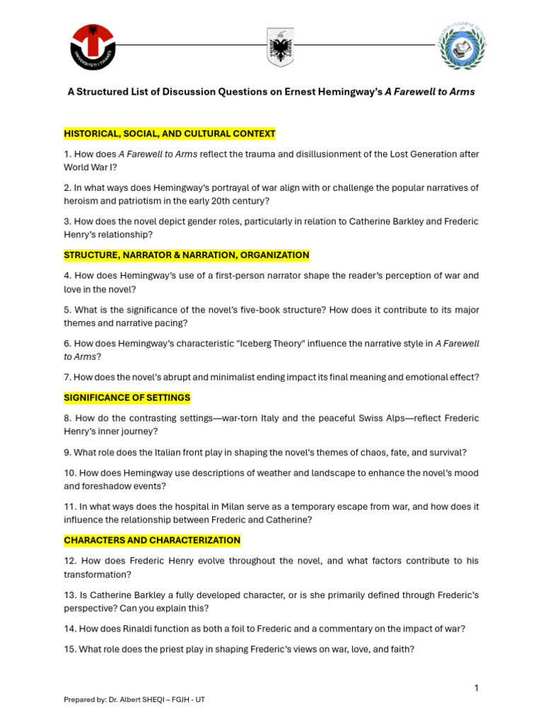 Discussion Questions on A Farewell to Arms | PDF