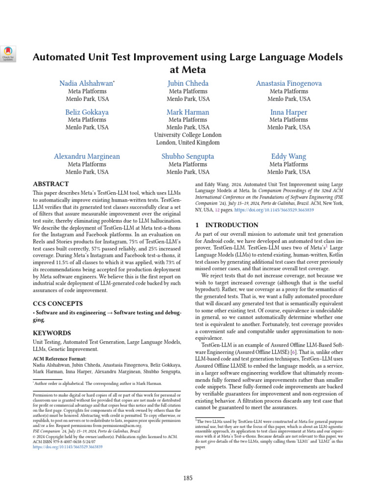 Automated Unit Test Improvement Using Large Language Models at Meta ...
