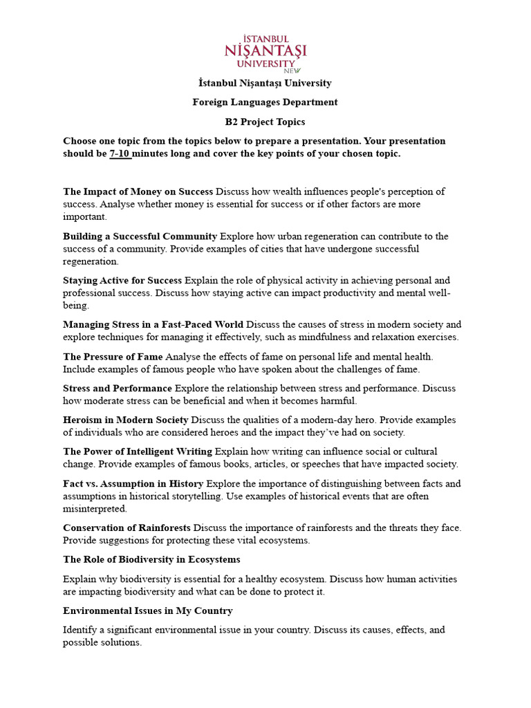 INU Prep School - B2 Project Topics (2024-2025) | PDF