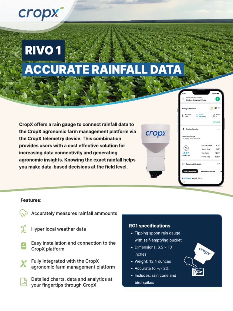 CropX Rivo 1 Rain Gauge Product Brochure 6feb2025 | PDF | Rain | Telemetry