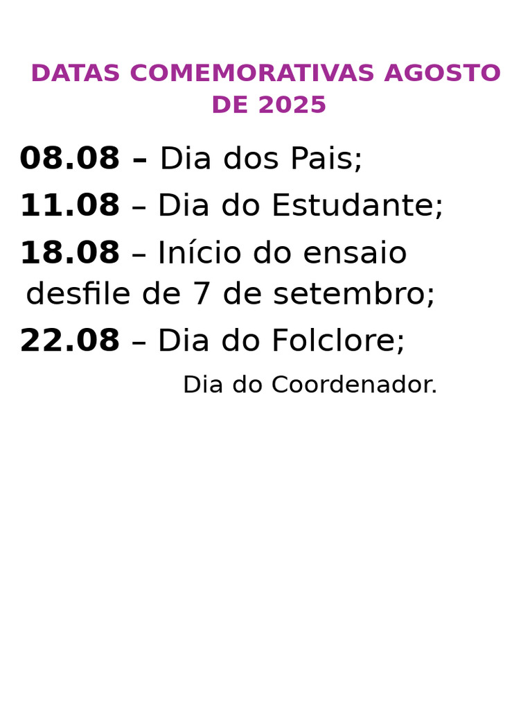 Datas Comemorativas de Agosto 2025 | PDF