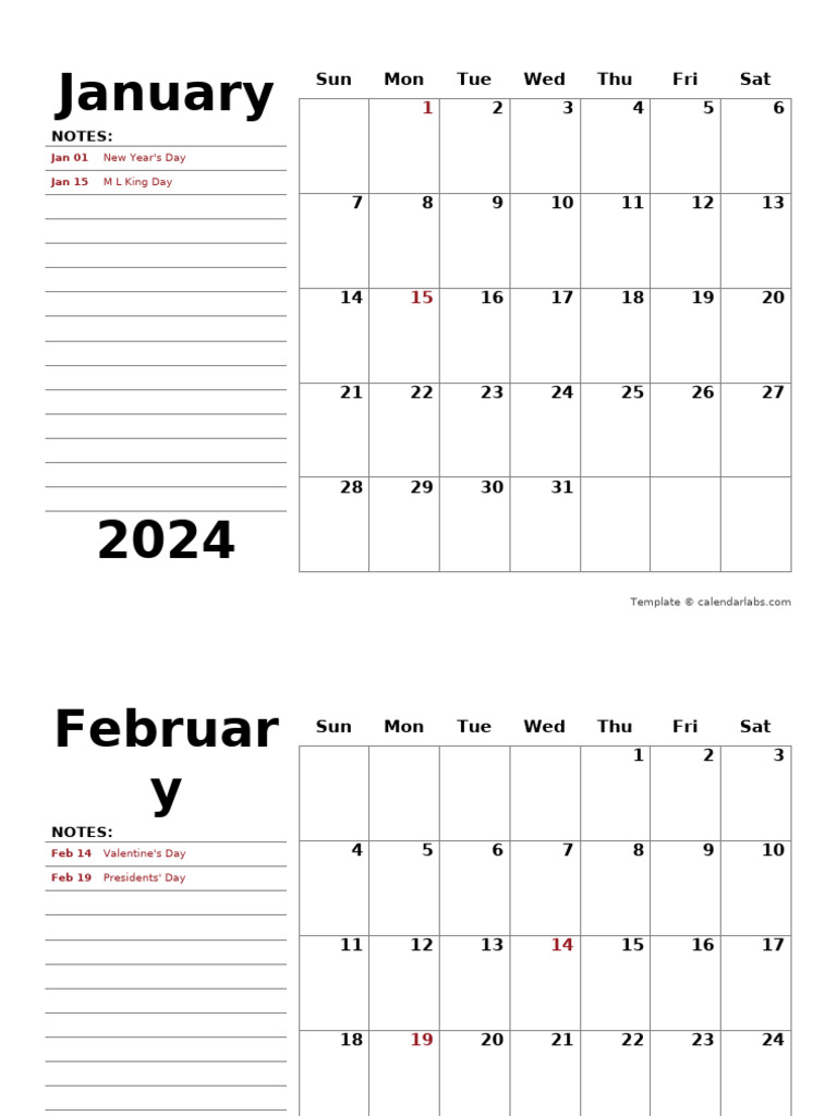 2024 Monthly Calendar Template With Notes 03 | PDF | Observances | Holidays
