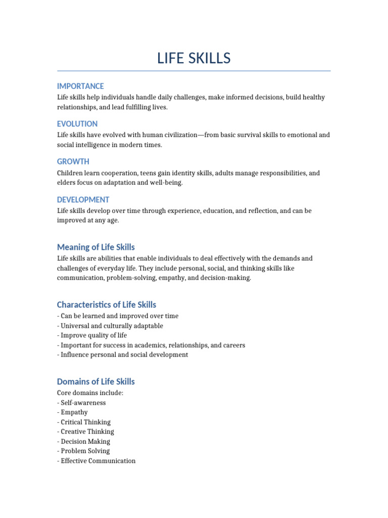 Life Skills Project Chart Format | PDF
