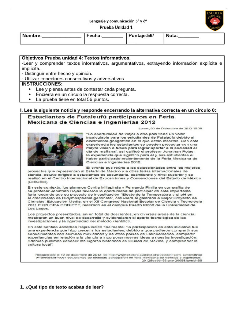 Prueba de Comprensión de Textos Informativos | PDF | J. K. Rowling