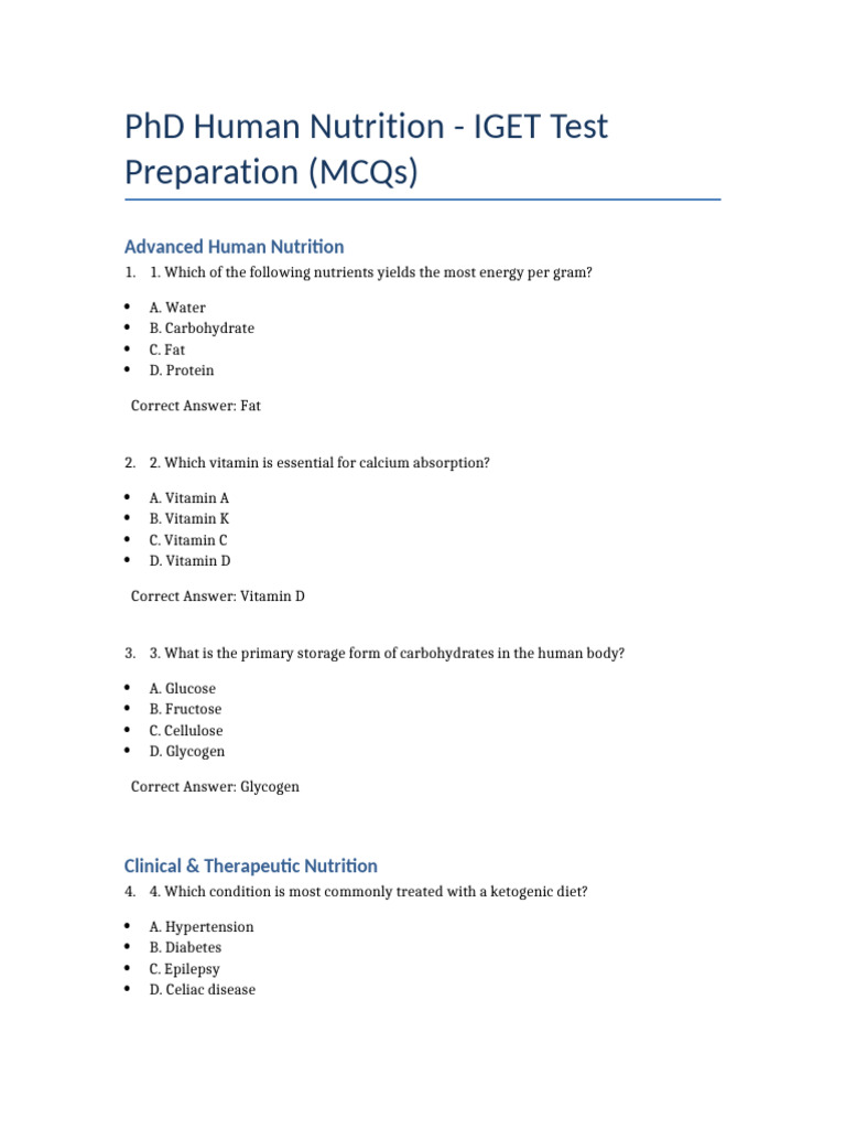 PhD Human Nutrition MCQ Preparation | PDF