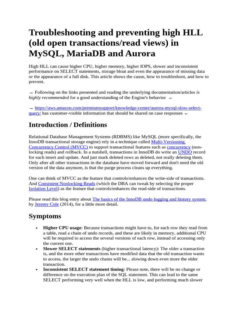 Troubleshooting and Preventing High HLL | PDF | Database Transaction | Databases