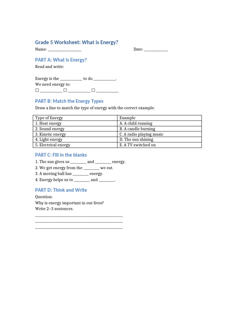 Grade 5 Energy Worksheet | PDF