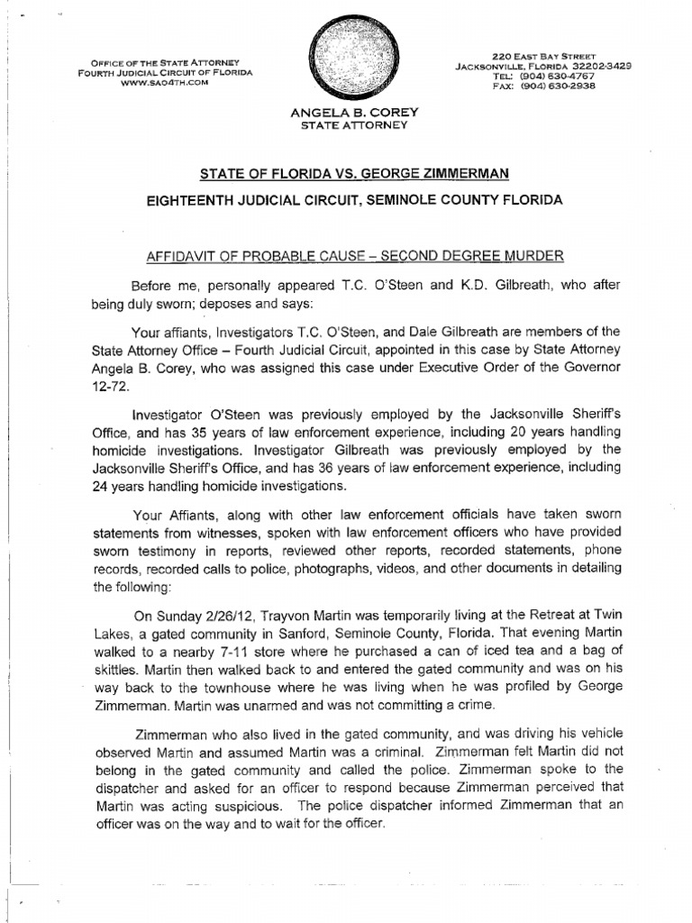 Affidavit of Probable Cause in Second-Degree Murder Charges Against ...