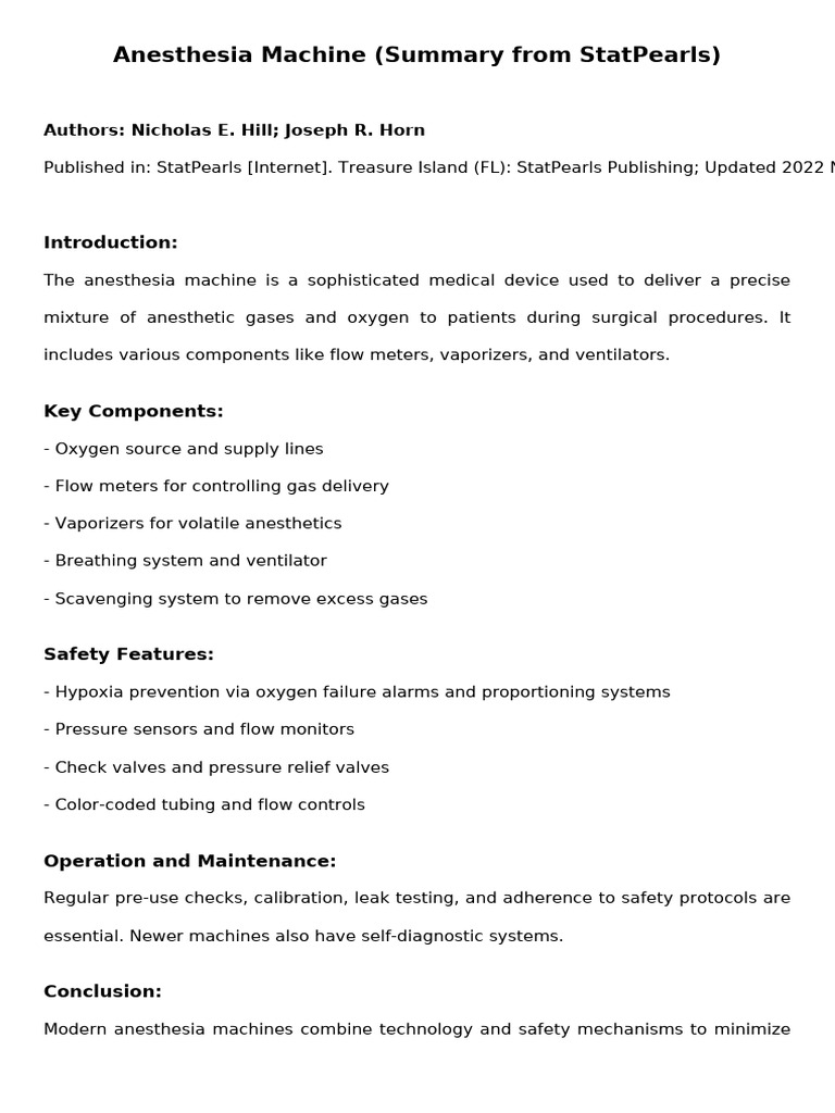 Anesthesia Machine Overview and Safety | PDF