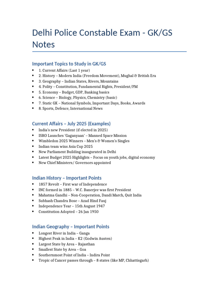 Delhi Police Constable GK GS Notes | PDF