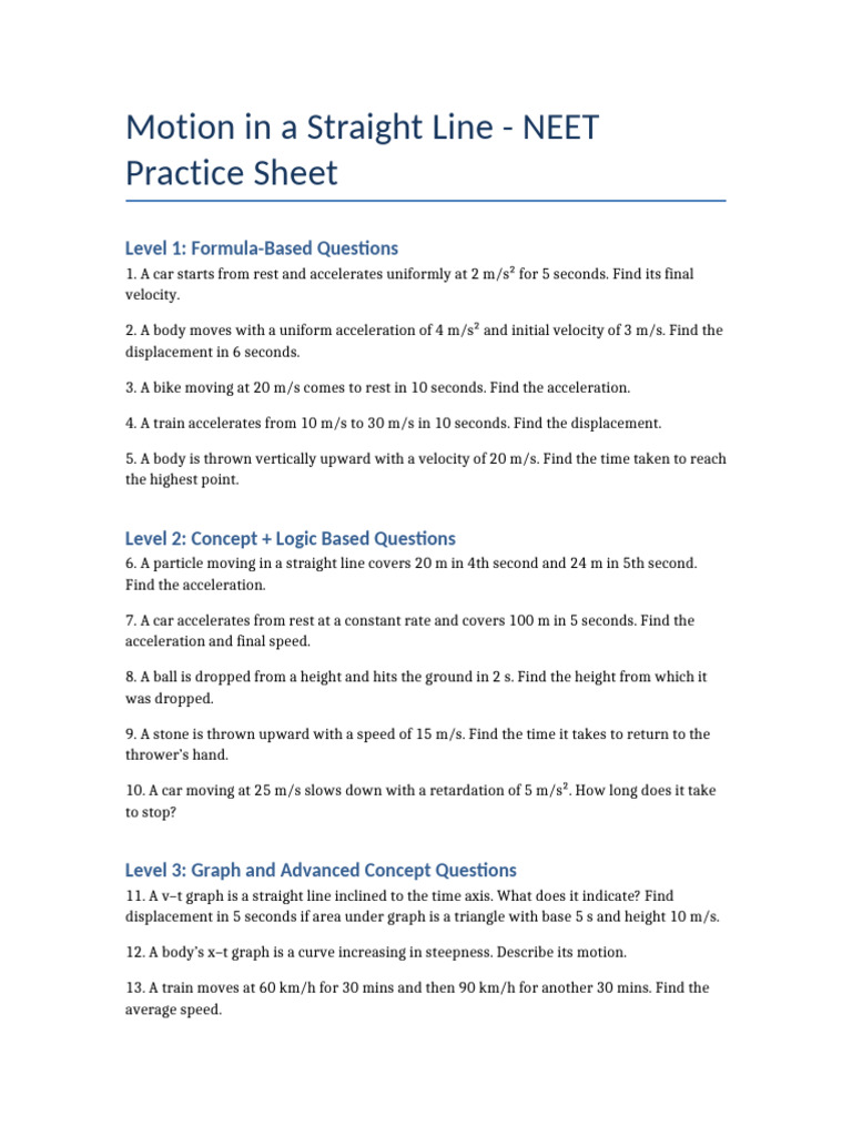 Motion in Straight Line NEET Practice Sheet | PDF