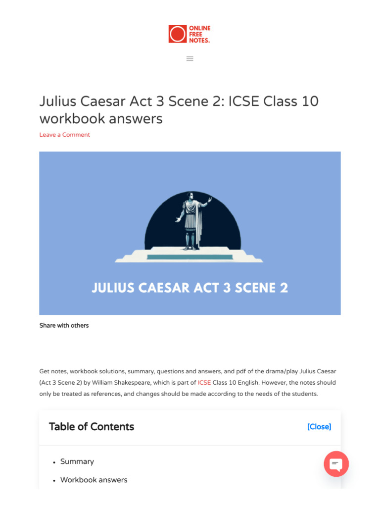 Julius Caesar Act 3 Scene 2 - ICSE Class 10 Workbook Answers | PDF | Mark Antony | Julius Caesar