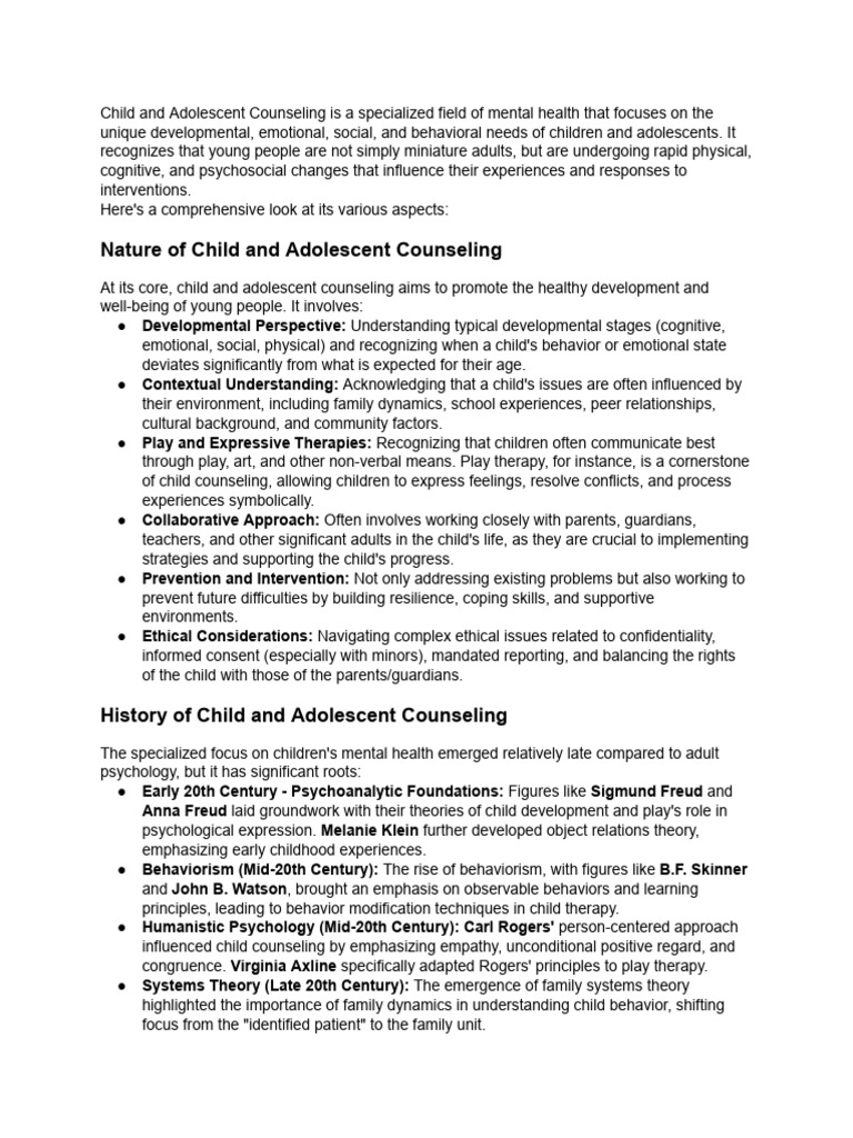 Child and Adolescent Counseling Overview | PDF | Psychotherapy | Mental ...