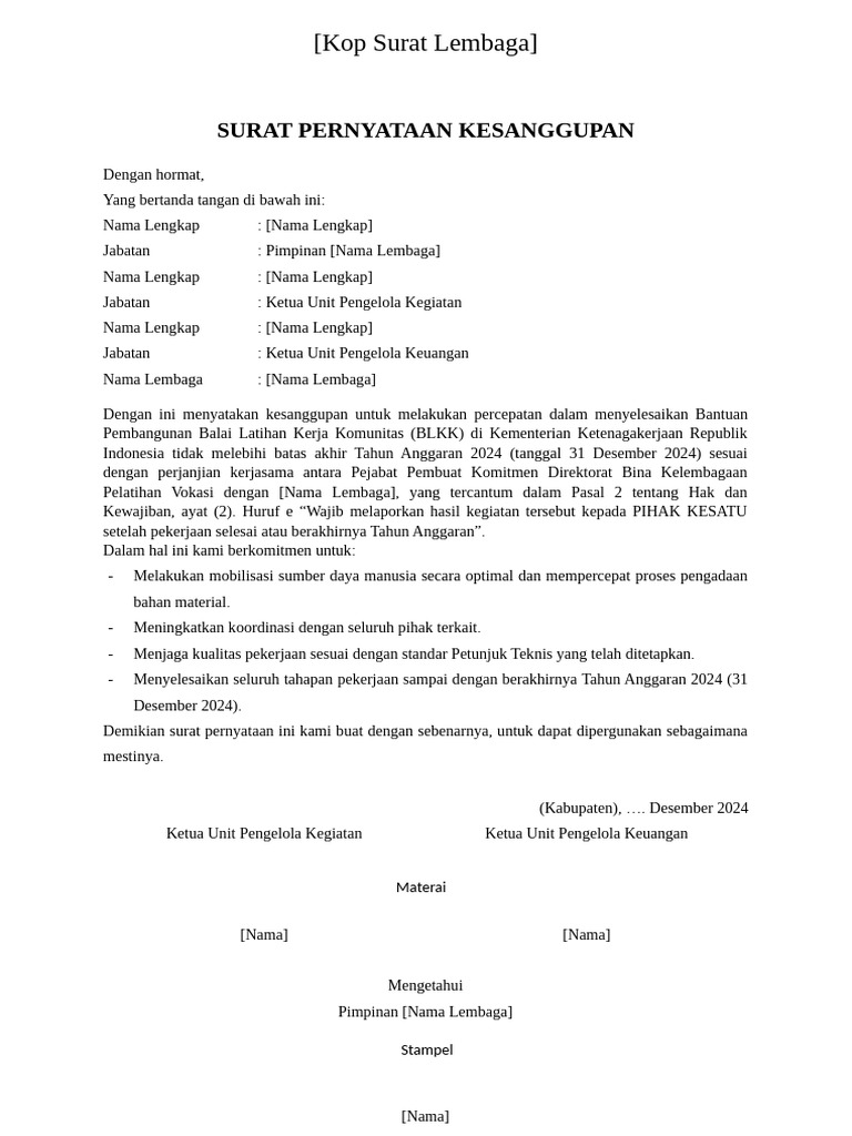 Surat Pernyataan Kesanggupan Menyelesaikan Pekerjaan BLKK - pdf-1 | PDF