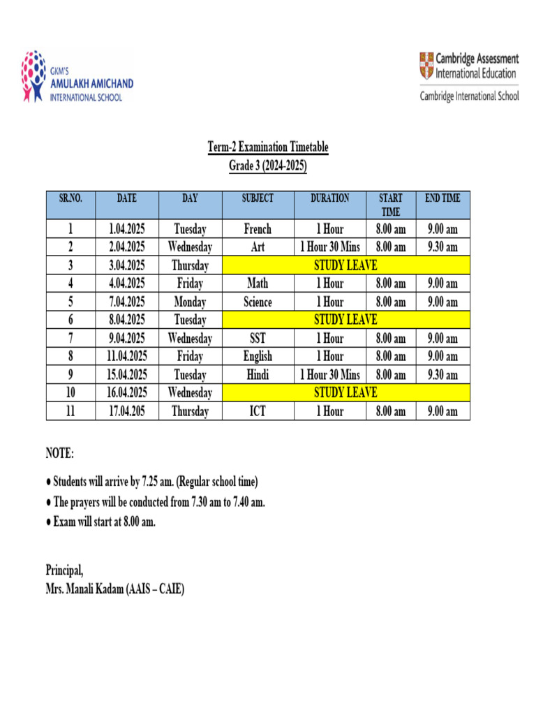 Term - 2 Grade-3 Time Table | PDF