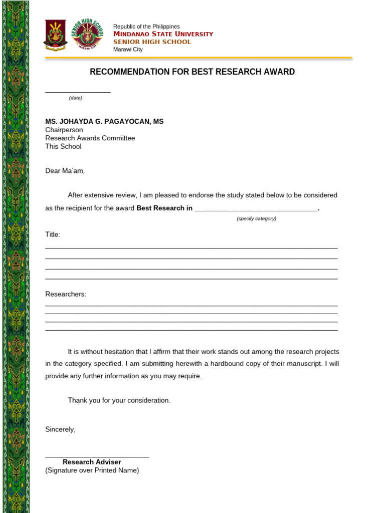 Recommendation For Best in Research Award | PDF