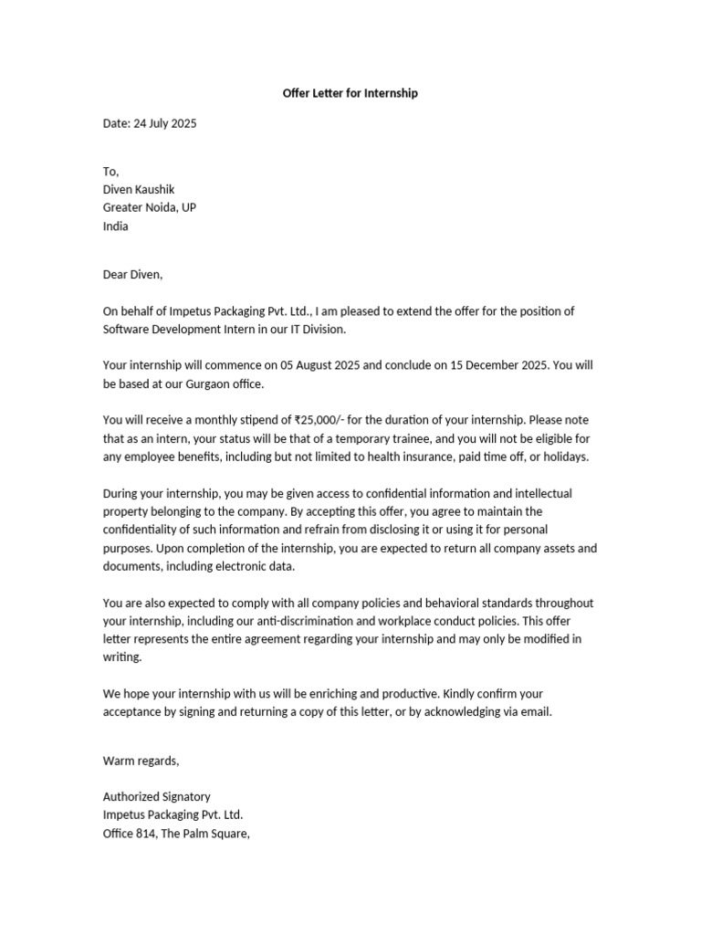 Internship Offer Letter - Software Development | PDF