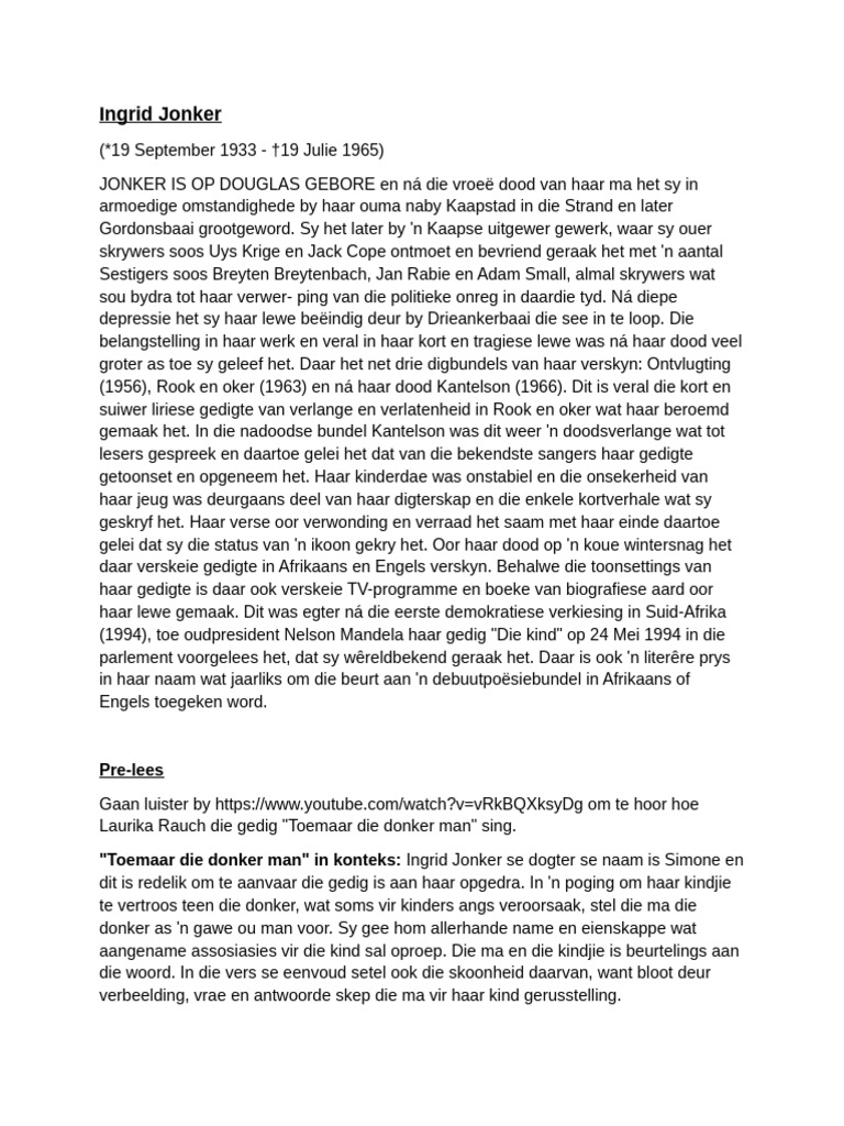 Toemaar Die Donket Man Ingrid Jonker | PDF