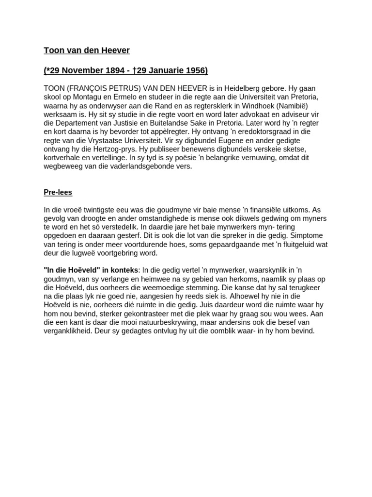 In Die Hoeveld Toon Van Den Heever | PDF