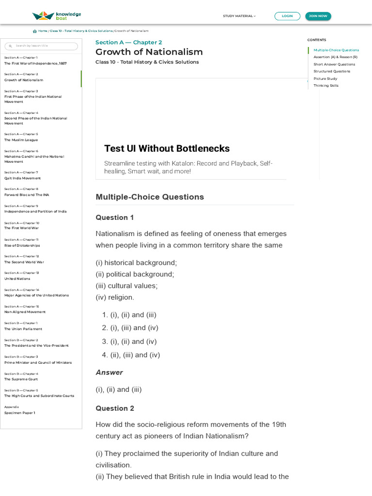 Section A - Chapter 2 - Growth of Nationalism - Solutions For Class 10 ICSE Total History ...
