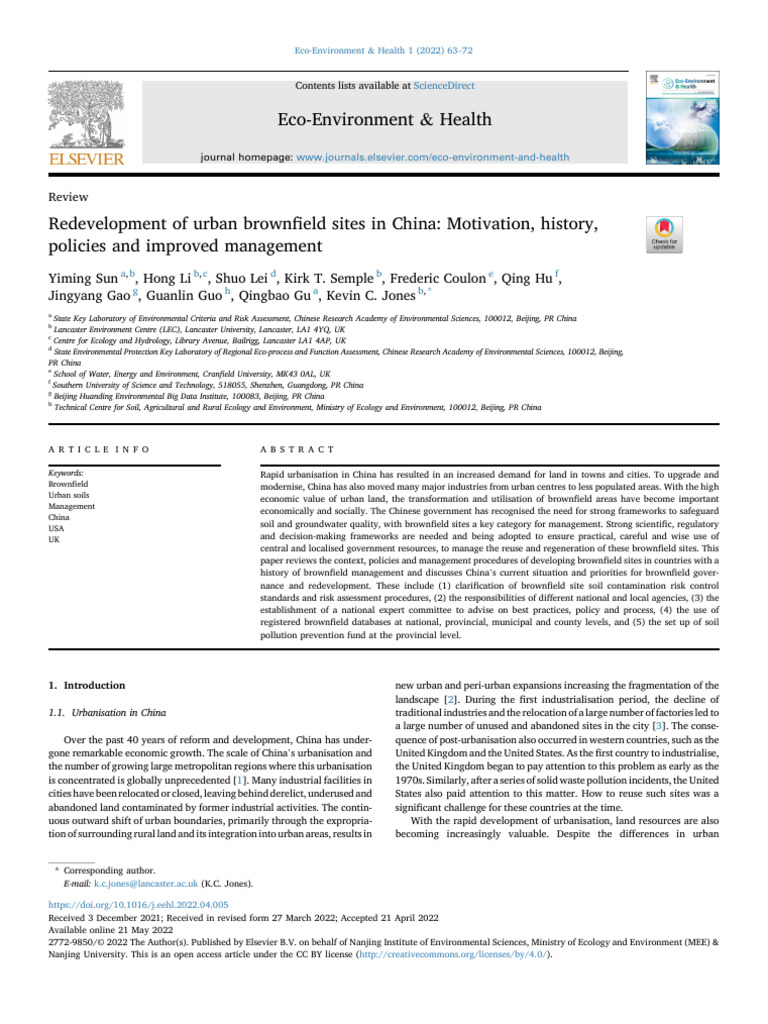 Redevelopment of Urban Brownfield Sites in China Motivat - 2022 - Eco ...