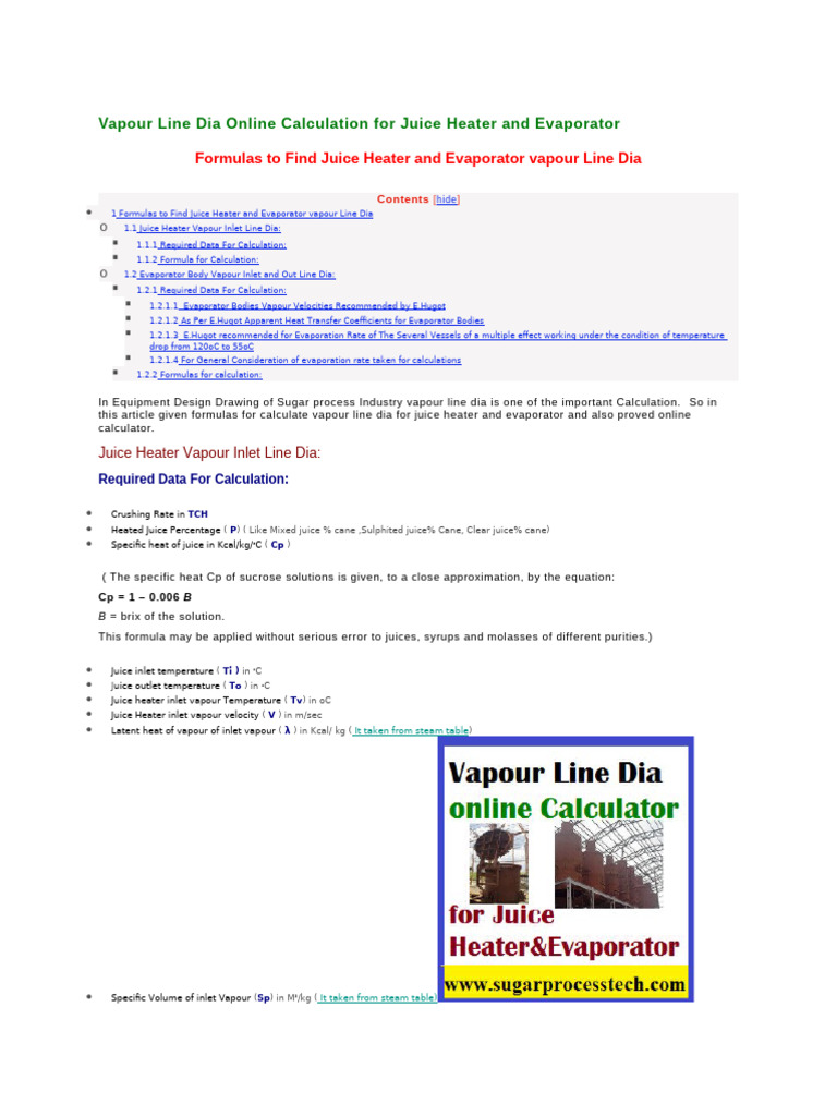 Vapour Line Dia Online Calculation For Juice Heater and Evaporator ...