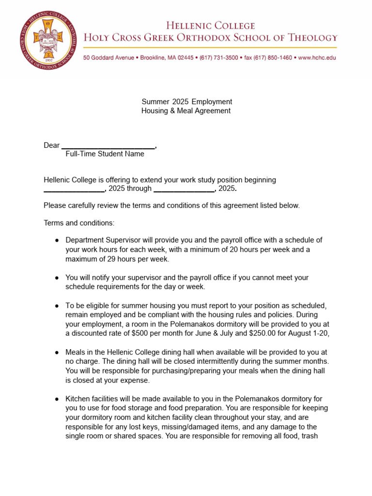Summer 2025 Work Study Agreement | PDF | Dormitory