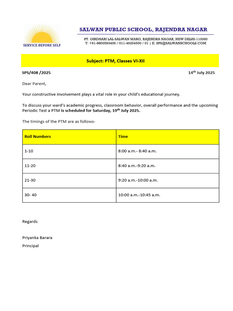 PTM Circular, Classes VI-XII, 19th July 2025 | PDF