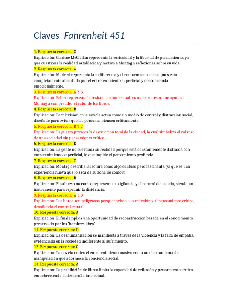 Respuestas Explicadas Fahrenheit 451 | PDF