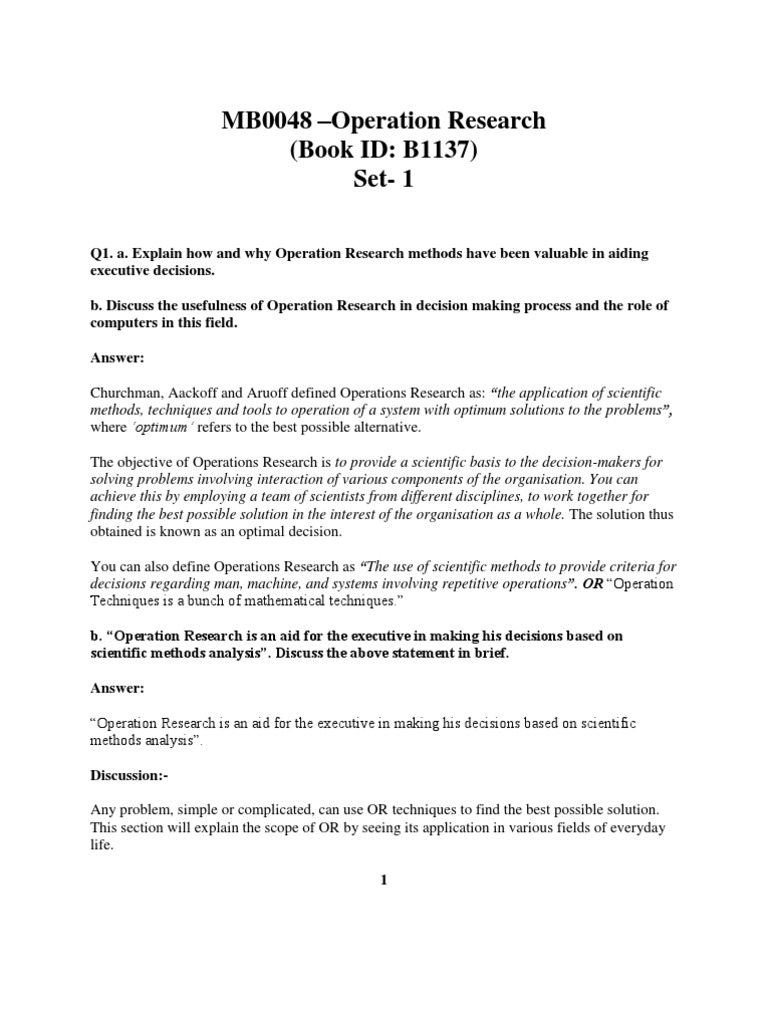 MB0048 - Operation Research (Book ID: B1137) Set-1 | PDF | Linear Programming | Mathematical ...