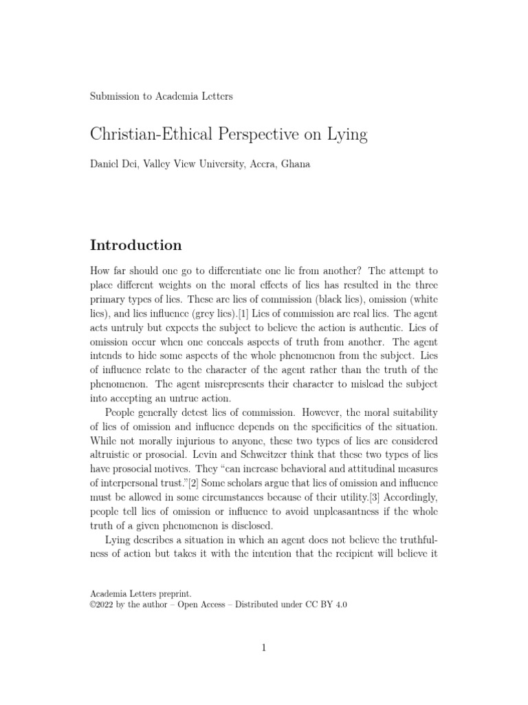 Christian Ethics of Lying Explained | PDF | Lie | Deception