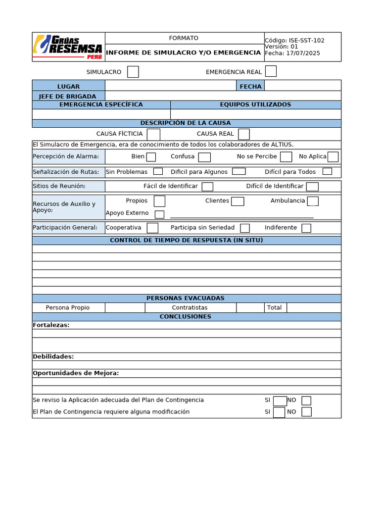 Informe de Simulacro Y.O Emergencia ISE-SST-102 | PDF