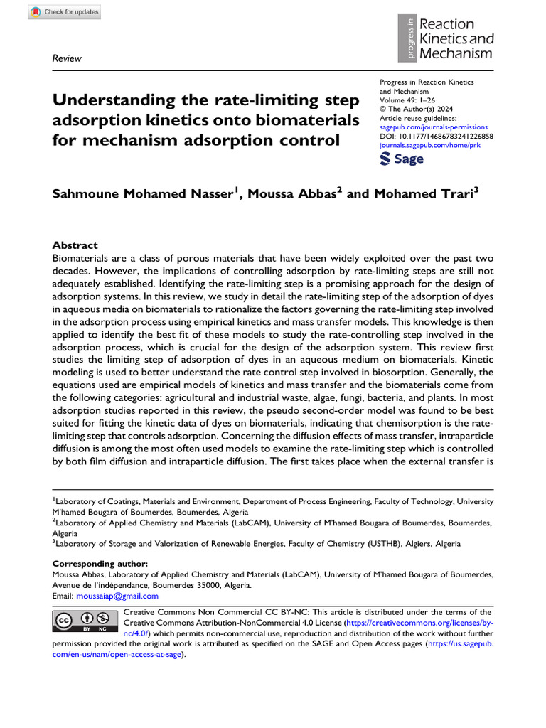 Mohamed Nasser Et Al 2024 Understanding The Rate Limiting Step Adsorption Kinetics Onto ...